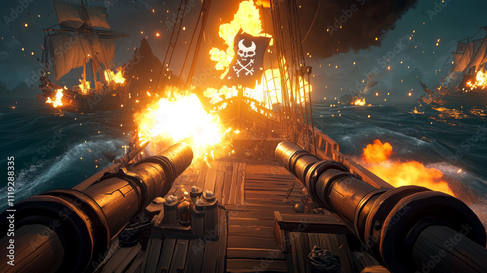 Pirate ship battle, wooden brigantine boat deck onboard view with ...