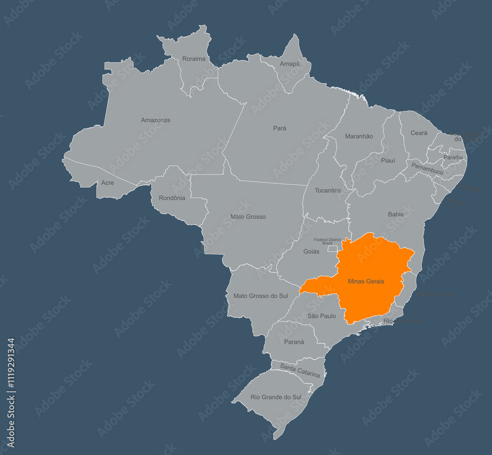 Poster Map of brazil Highlighting Minas Gerais with Labeled Provinces ...