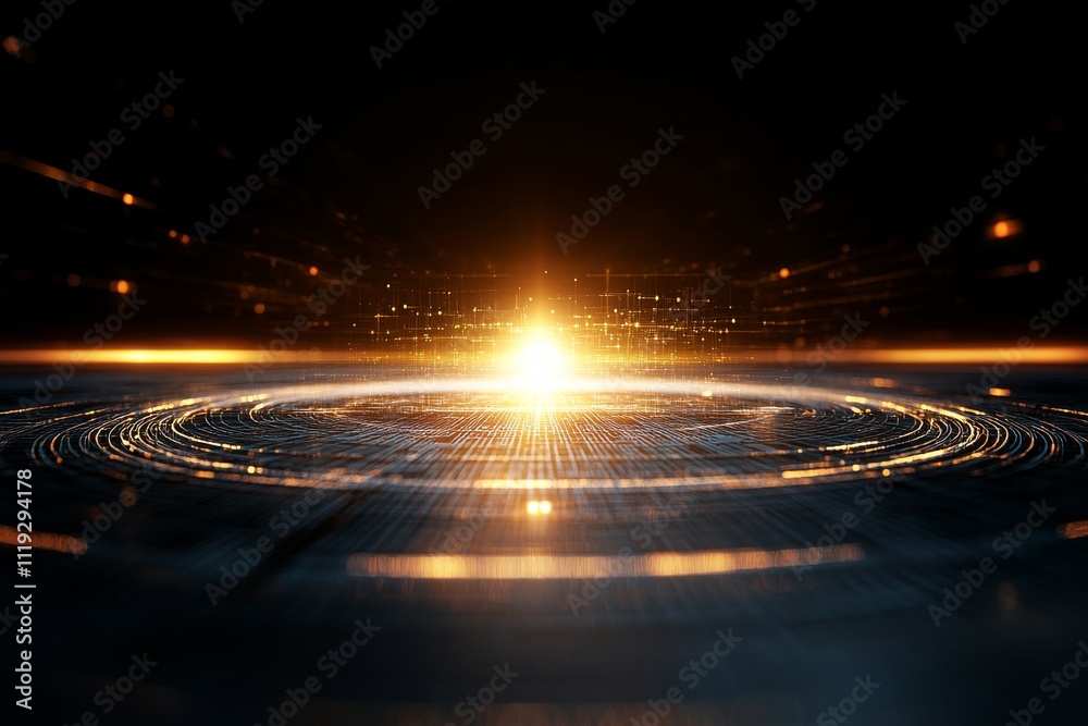 An intricate, glowing circular digital grid featuring a radiant center ...