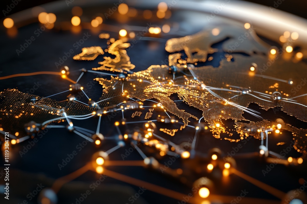 A detailed map of Europe is brightly lit with network nodes, showing ...