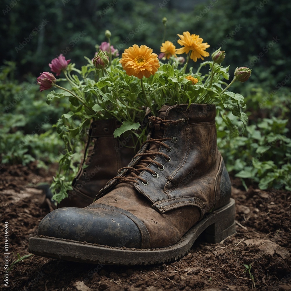 vA flower growing in an old boot used as a planter. Stock Photo | Adobe ...