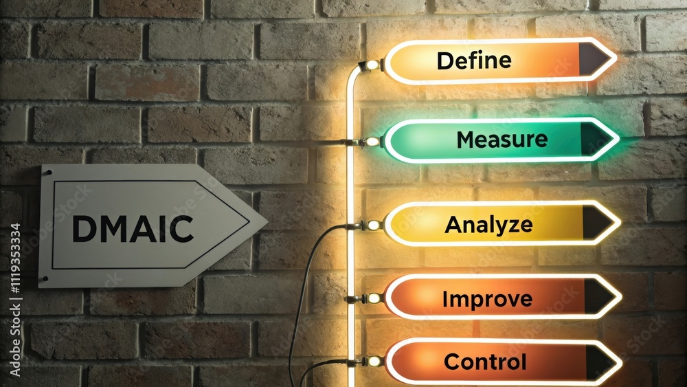 Six Sigma and DMAIC concept. DMAIC process steps illuminated on a wall ...