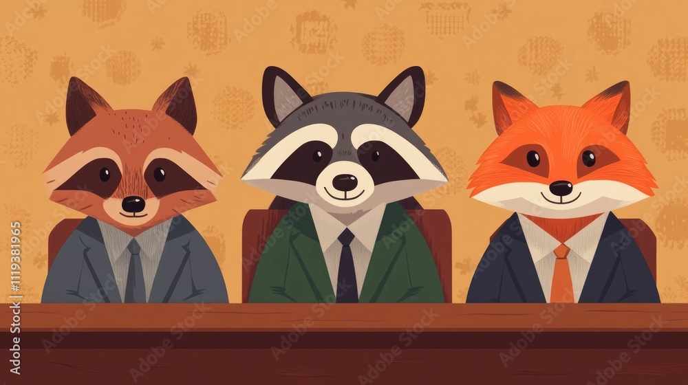 Cartoon Animated Animal Characters Including a Raccoon Fox and Wolf ...