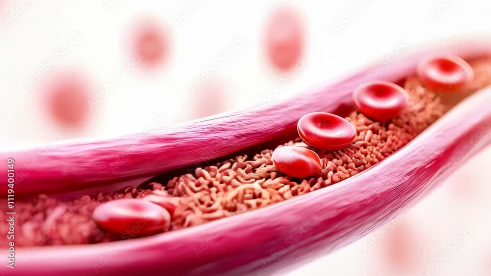 Cross section of blood vessel showing red blood cells, plaque buildup ...