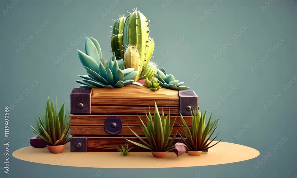 Stylized 3D Render of a Wooden Chest Filled with Desert Succulents and ...