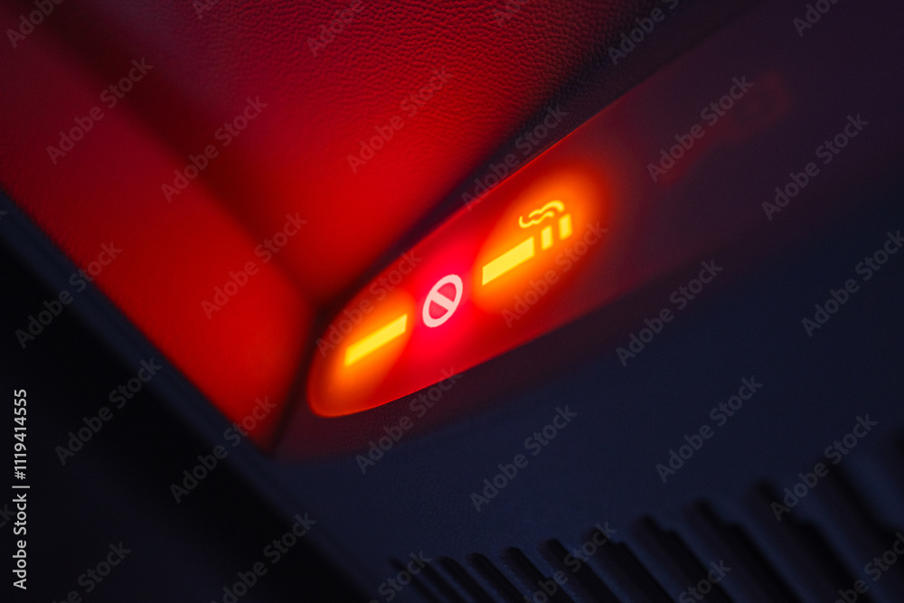 Poster Illuminated No Smoking Sign Inside Airplane Cabin Highlighted by Bright Red Glow – Wall ...