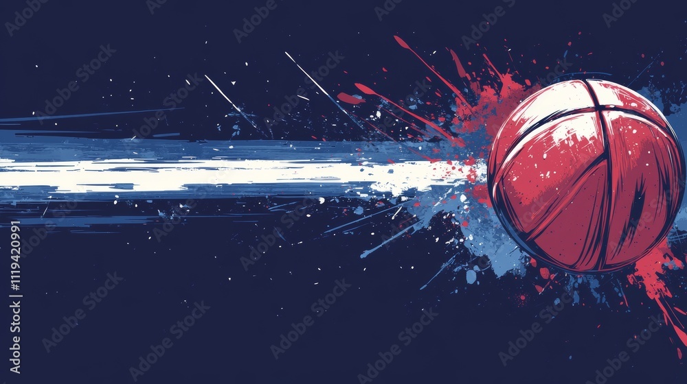 A basketball banner with a navy blue and red design, including a ...