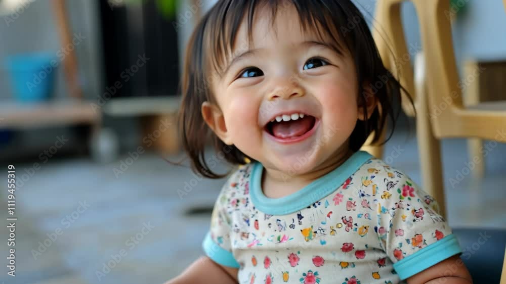 cute innocent Japanese baby girl smiling sitting on living room floor ...