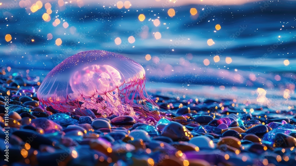 At night, there are colorful pebbles on the beach, with a few pieces of ...