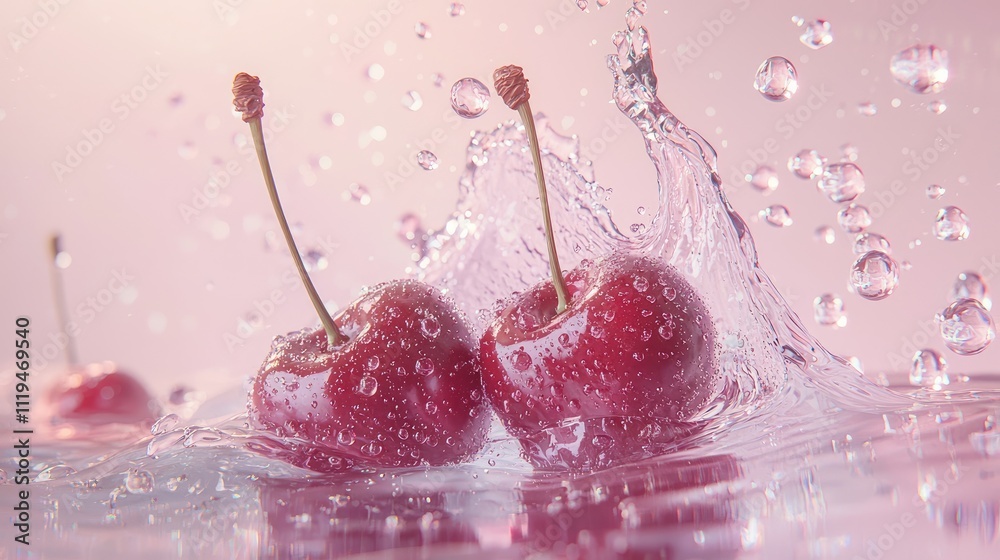 Cherry and water photography, with half-cut cherries, light pink ...