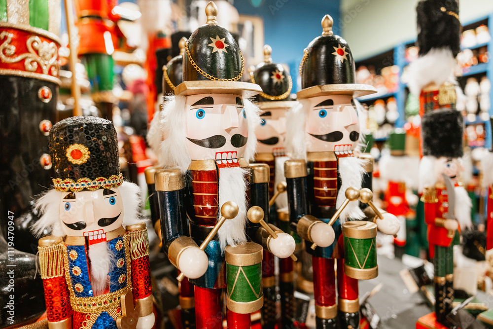 Colorful Christmas nutcracker toys at traditional Christmas market ...