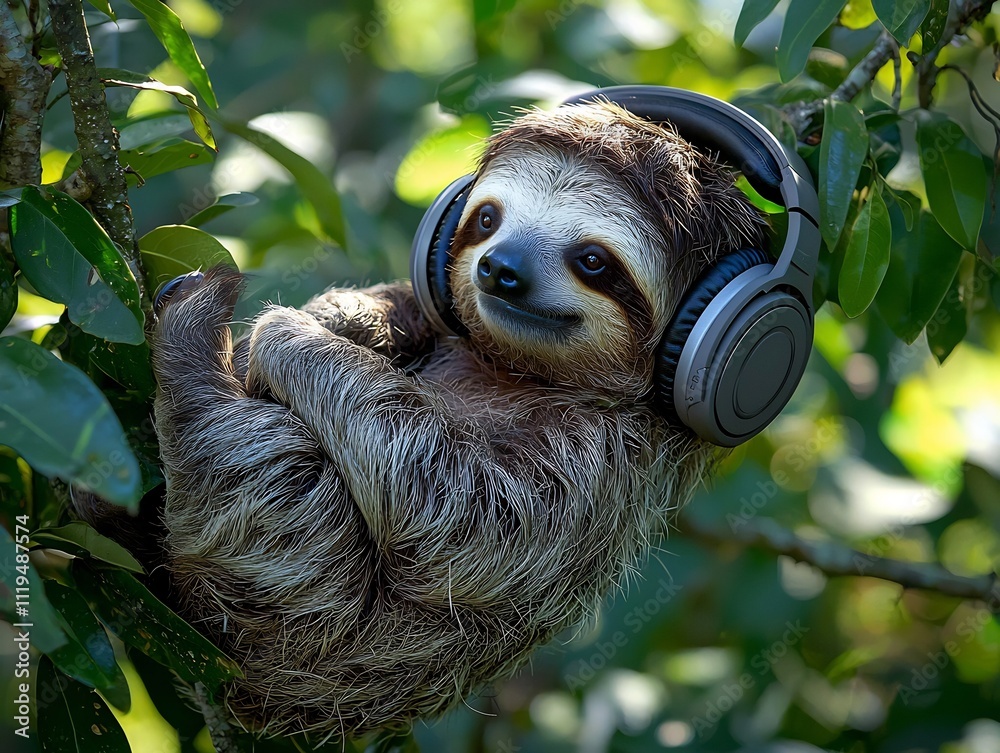 Chill sloth hanging upside down from tree branch wearing big fluffy ...