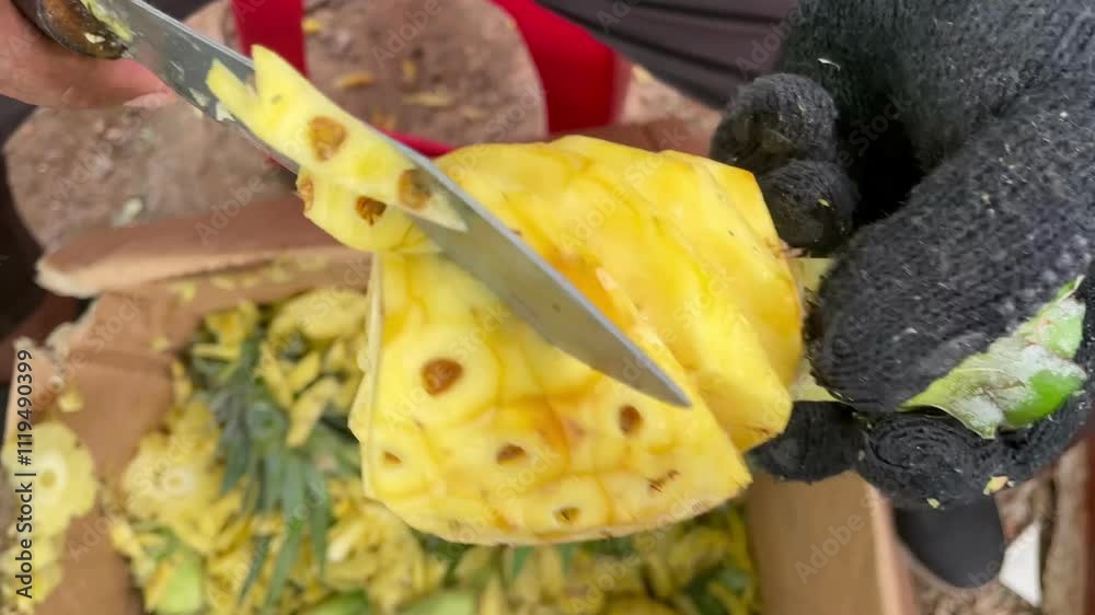 A sharp knife peeling a pineapple is held by someone. cutting the ...