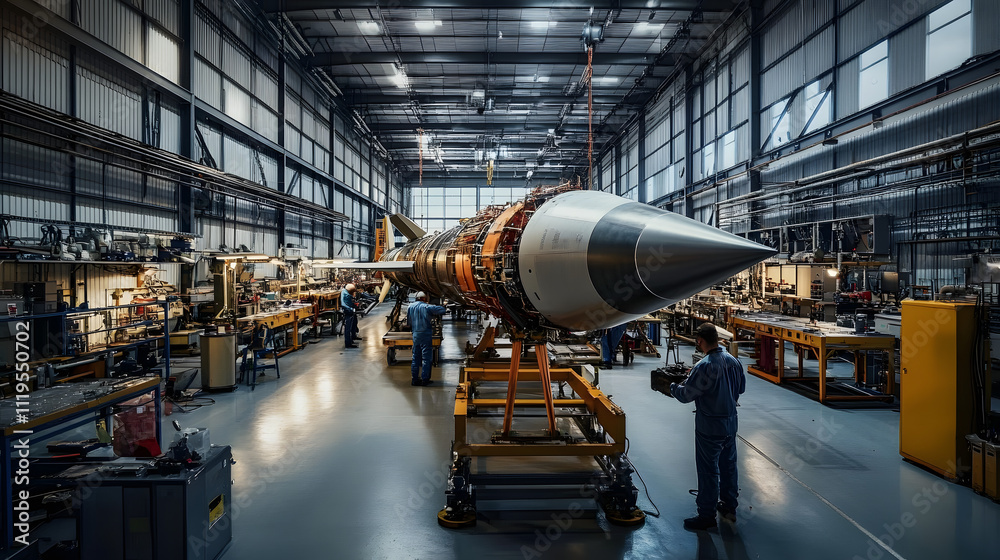 Rocket being built at modern aerospace factory, engineers work in ...