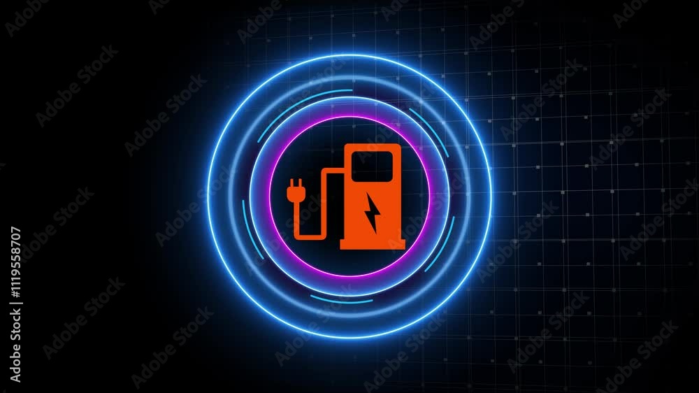Glowing neon Battery charging digital concept. Electric vehicle car ...