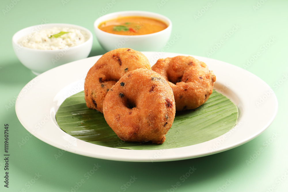 Medu Vada, a popular South Indian food served with Sambar ,Green ...