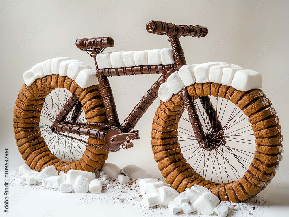 Bicycle with wheels of giant cookies, frame made from chocolate bars ...