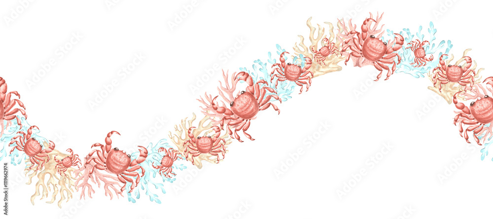 Crabs and corals wavy seamless border. Hand drawn watercolor ...