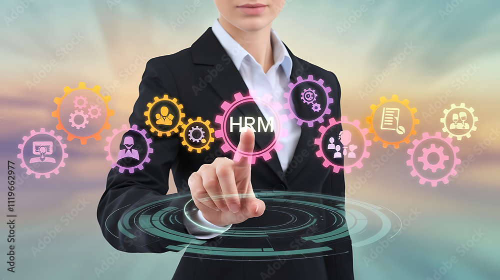 businesswoman interacting with HRM icons, human resource management, HR ...