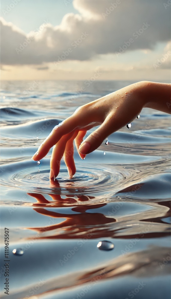 hand gently touching the surface of water, with droplets falling from ...