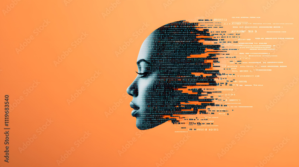 Profile of a face overlaid with binary code on an orange background ...