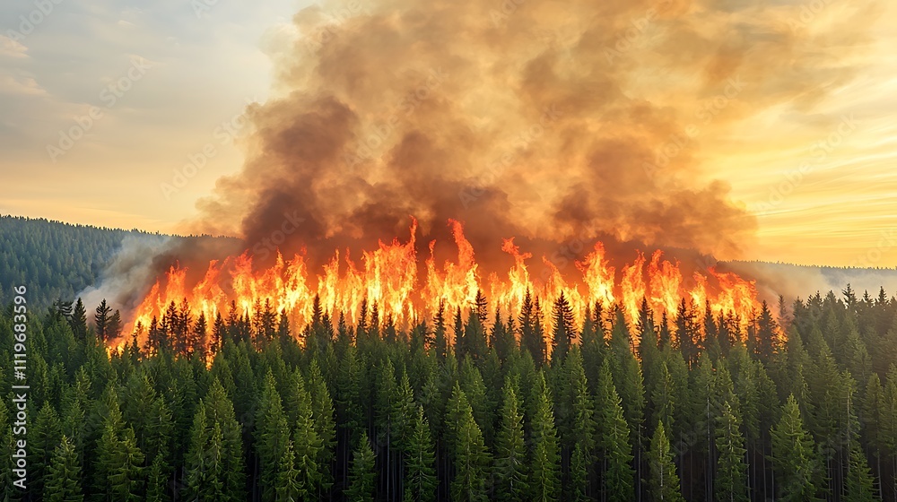 The scene depicts a forest being consumed by flames as the fiery orange ...