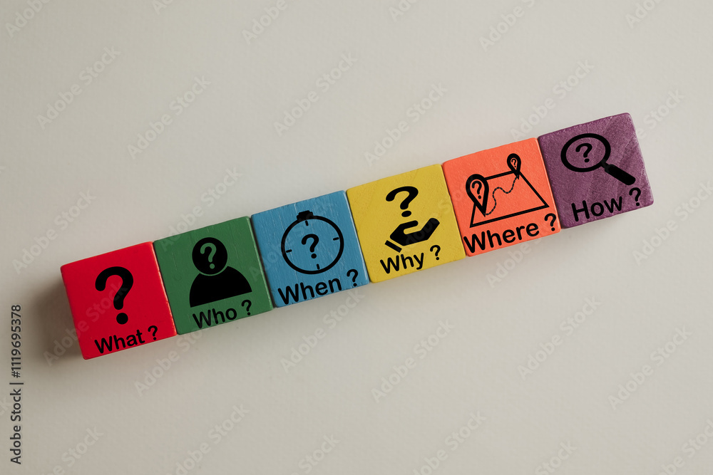 Wooden cube with 5W1H creative infographic for business analysis, who ...