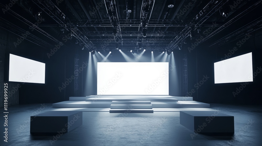 Modern exhibition setup featuring a clean stage, sleek white screens ...