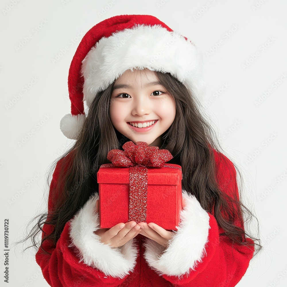 Beautiful Asian Female Santa Hat Holding a Gift Posing for Christmas ...
