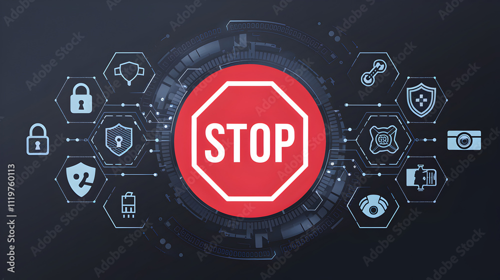 Spam call scam prevention concept. Red stop sign surrounded by security ...