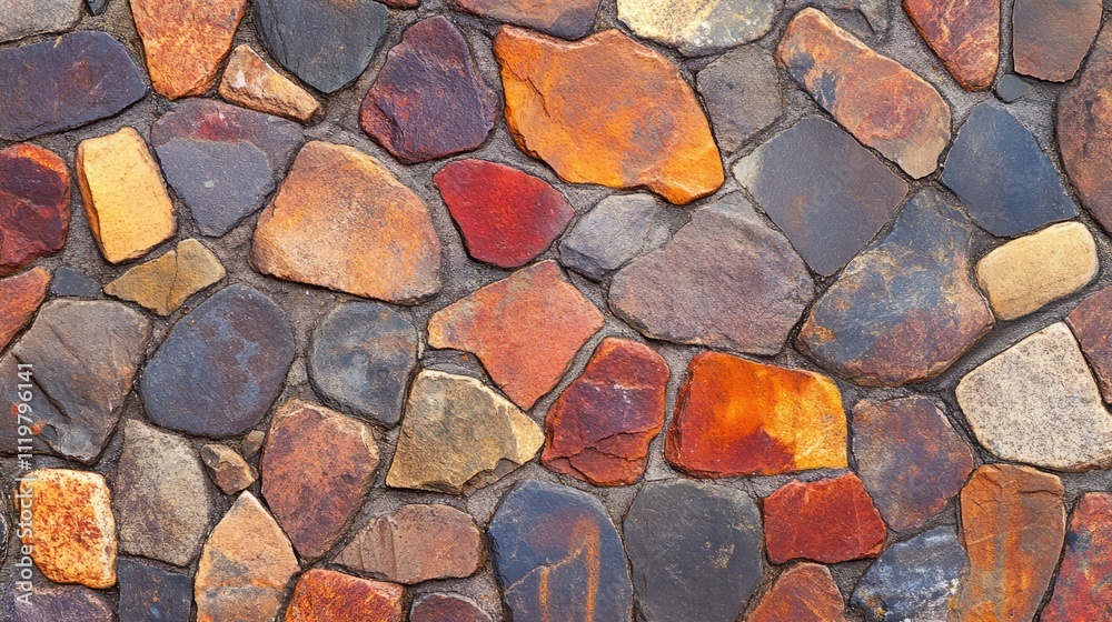 Cobbled stone road texture with colorful paving stones creating a ...