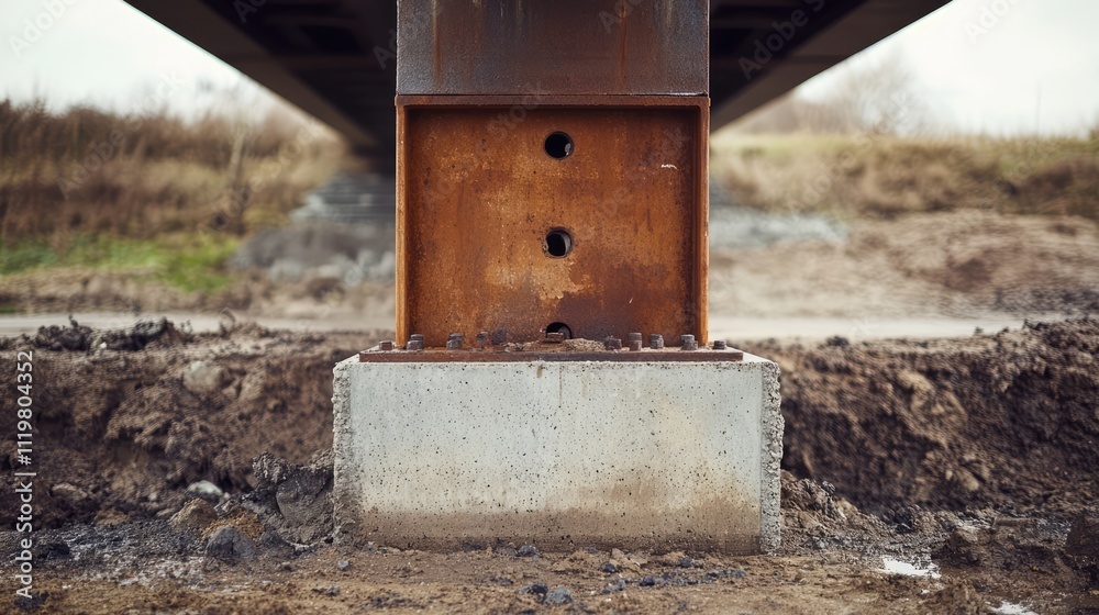 Concrete base and bridging joint of a rusty girder bridge pillar ...