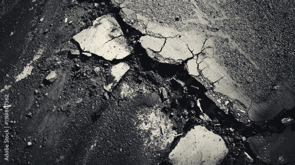 Damaged asphalt road surface with cracks and potholes Monochrome top ...