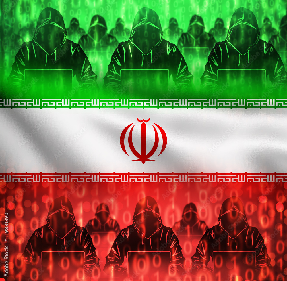 Hackers silhouettes. Flag of Iran. Cyber army Iranian republic. People ...