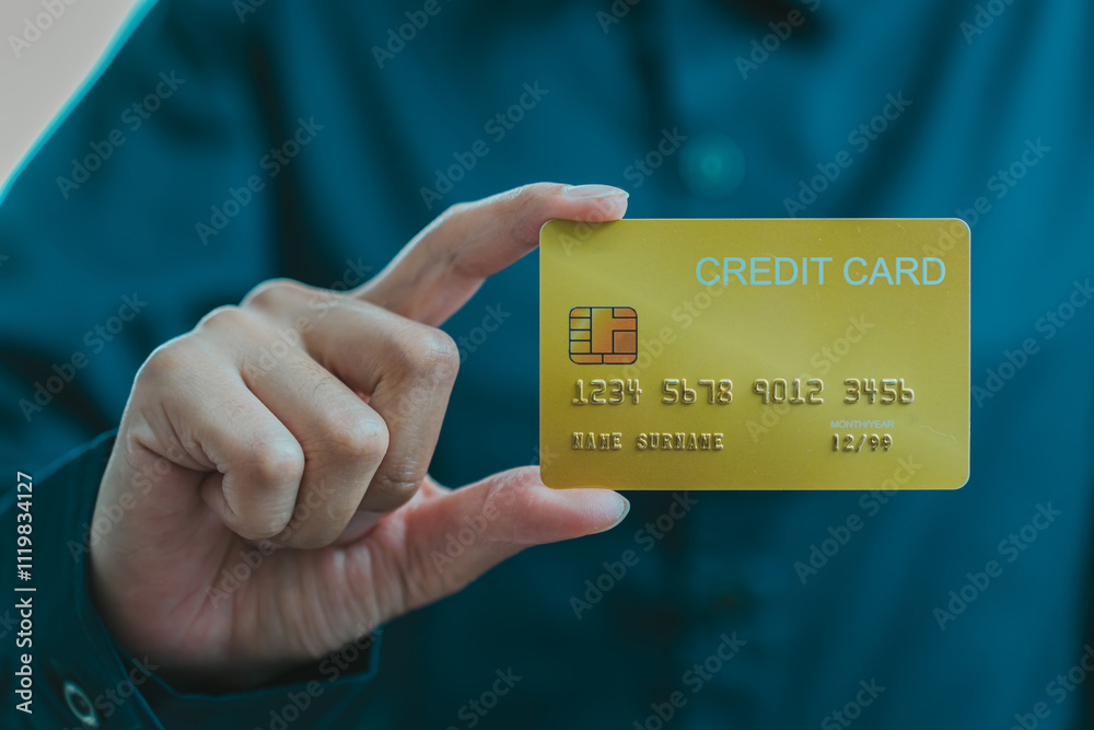 person holding gold credit card with chip, showcasing financial ...