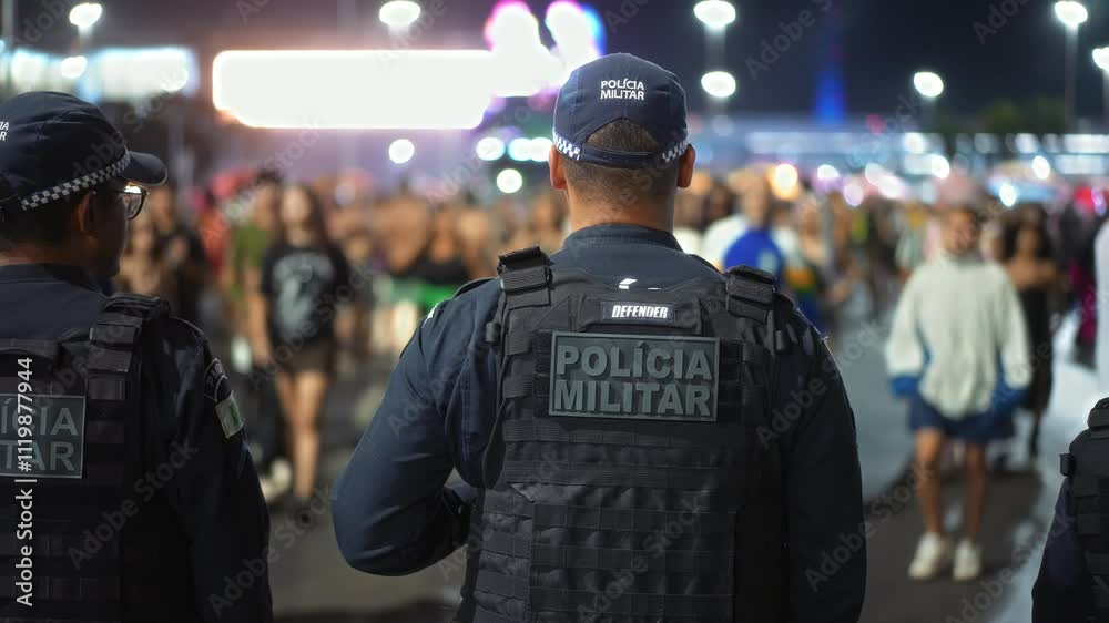 Brazilian policeman group patrol city street. Military police officers defend urban area. Armed ...