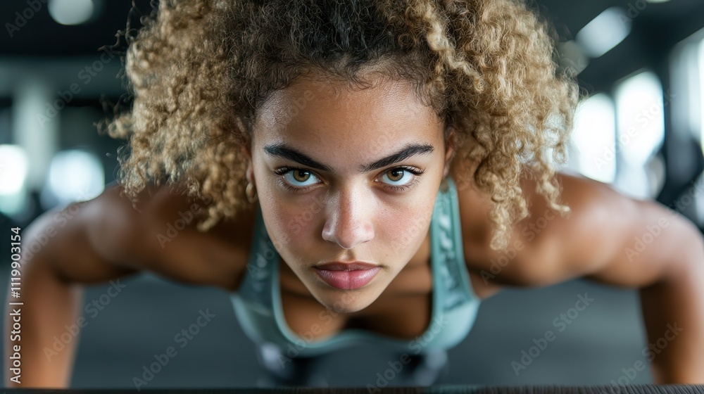 Athletic young woman with intense focus and determination doing a plank ...