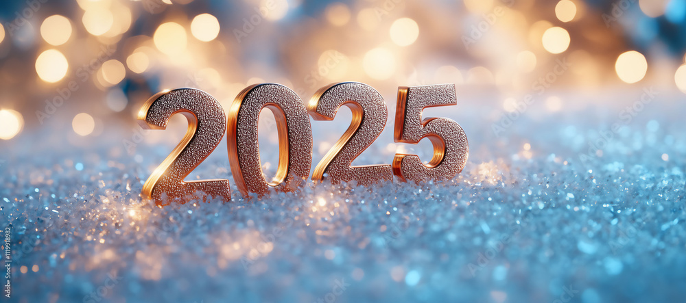2025 New Year Celebration Concept: Describes the word "2025" in gold letters with bokeh light ...
