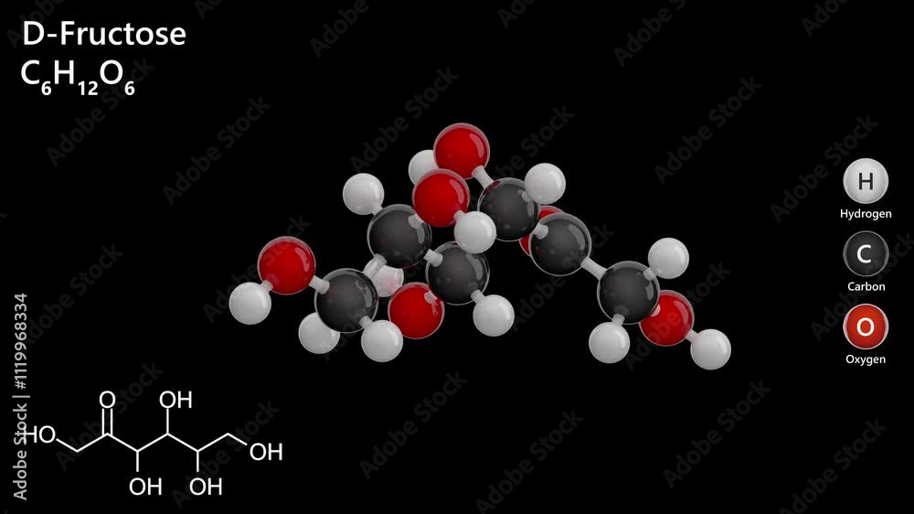 D-Fructose. Sweetener. Animated 3D model of a molecule. Molecular ...