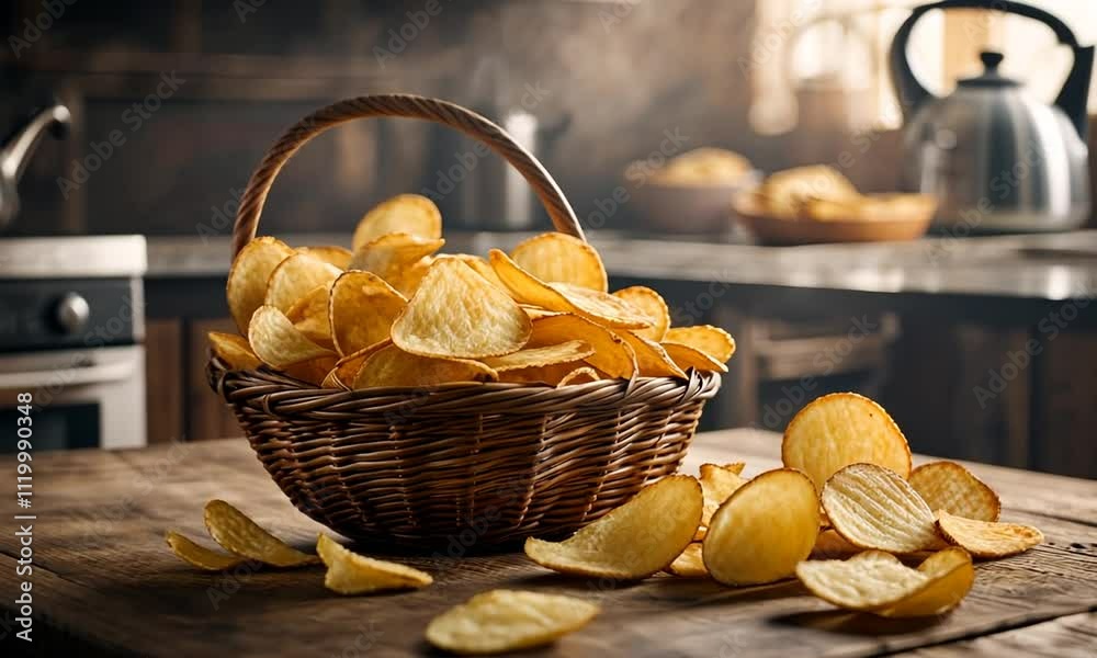 Realistic potato turning into ripple wavy chips. Flying and falling ...