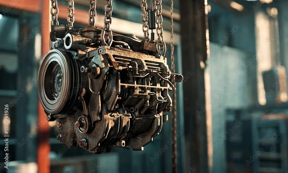 Suspended Engine Block in Industrial Setting: A Close-Up View Stock ...
