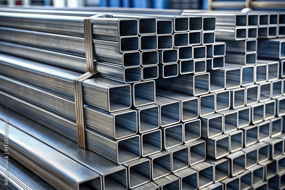 Stack of Square Steel Tubes on Gray Background - Industrial ...