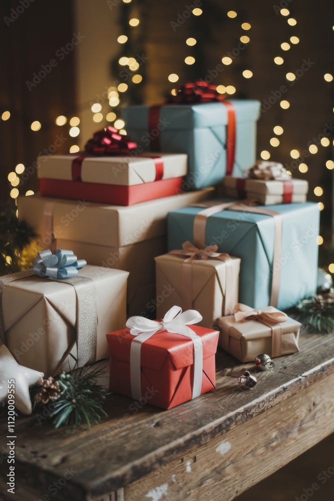 Elegant Christmas Gift Boxes Wrapped in Kraft Paper with Red and Silver ...