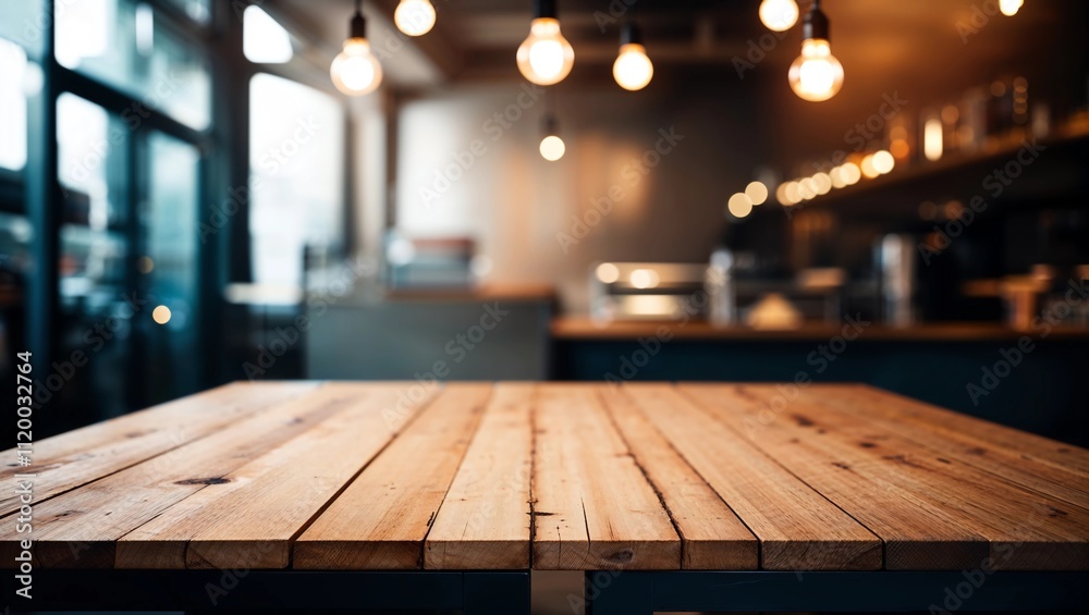 Wood table top on blurred of counter cafe shop with light bulb ...