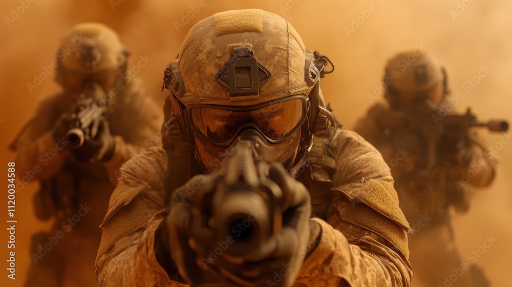 Three soldiers in tactical gear advance forward through a dusty desert ...