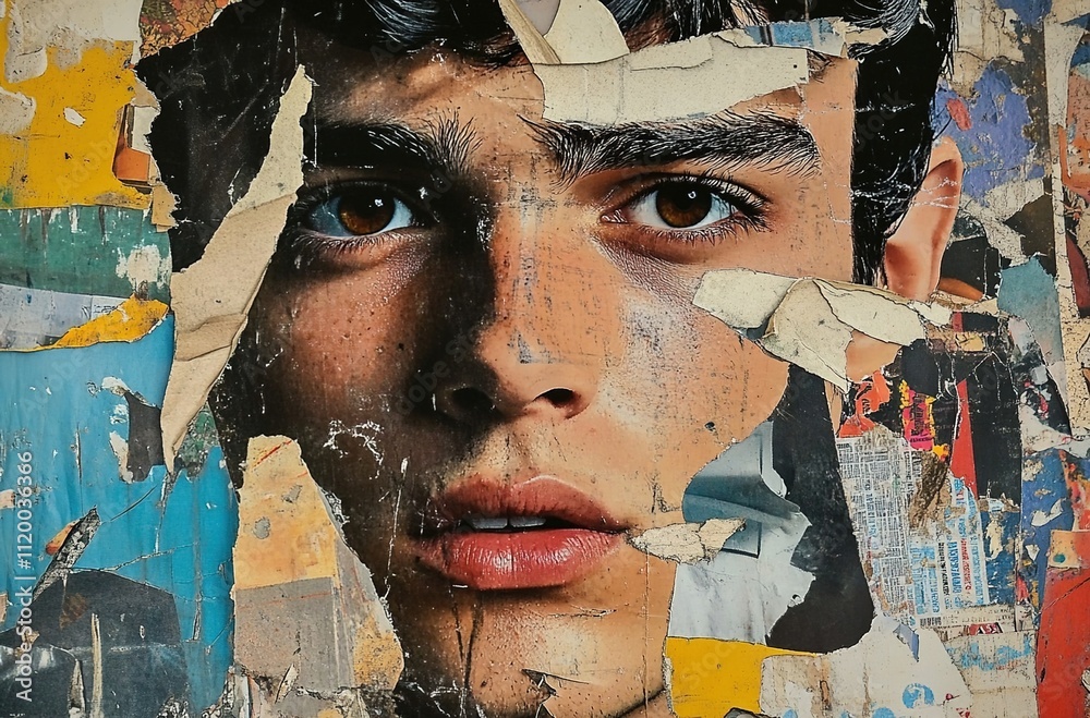 A collage of torn and worn magazine cutouts, with a portrait of a young ...