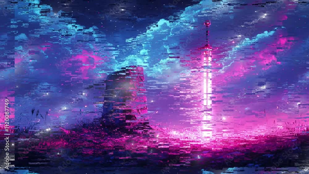 A glowing sword rises from stone, amid vivid colors and clouds. glitch ...