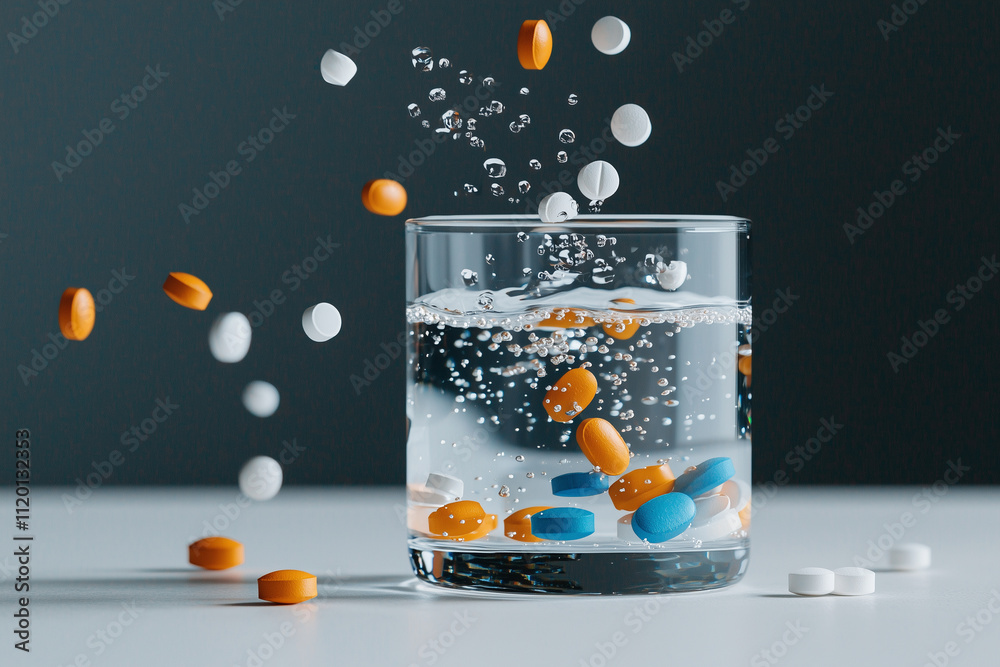 vibrant scene of vitamin C tablets dissolving in water, creating bubbles and colorful ...