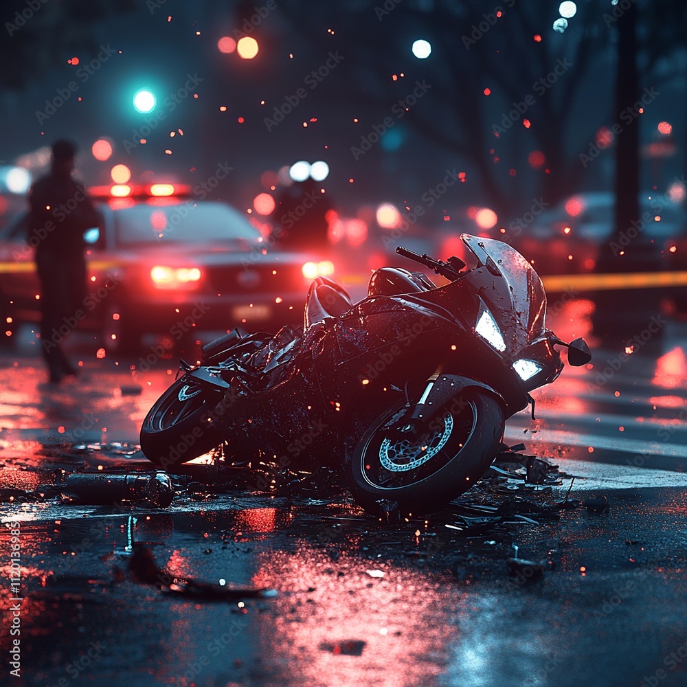 A close-up realistic image capturing the crash between a motorcycle and ...