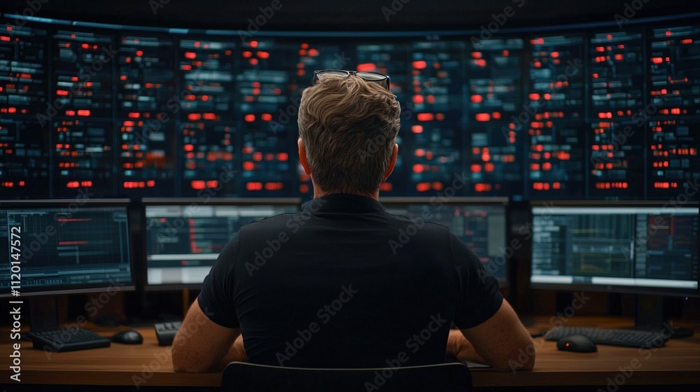 Master hacker operates in a digital command center with holographic ...